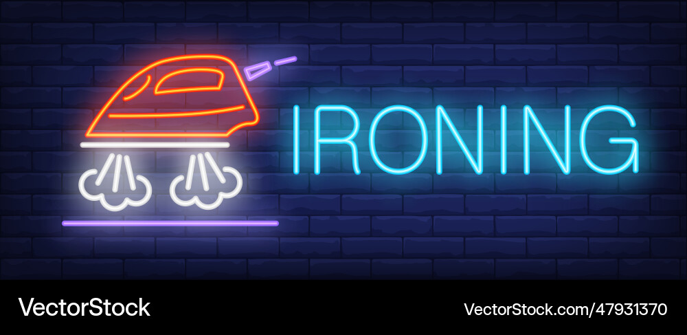Ironing neon sign steaming iron on brick Vector Image