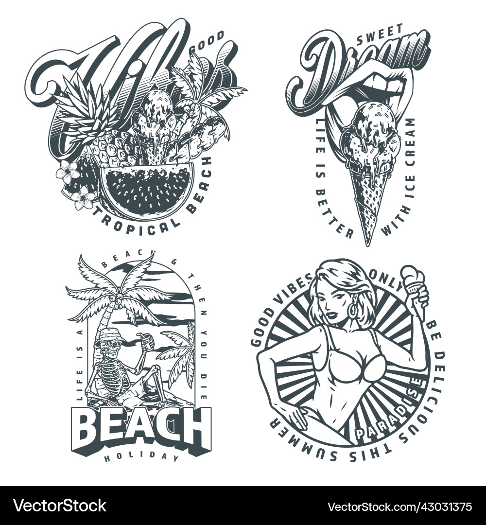 Beach holiday set stickers monochrome Royalty Free Vector