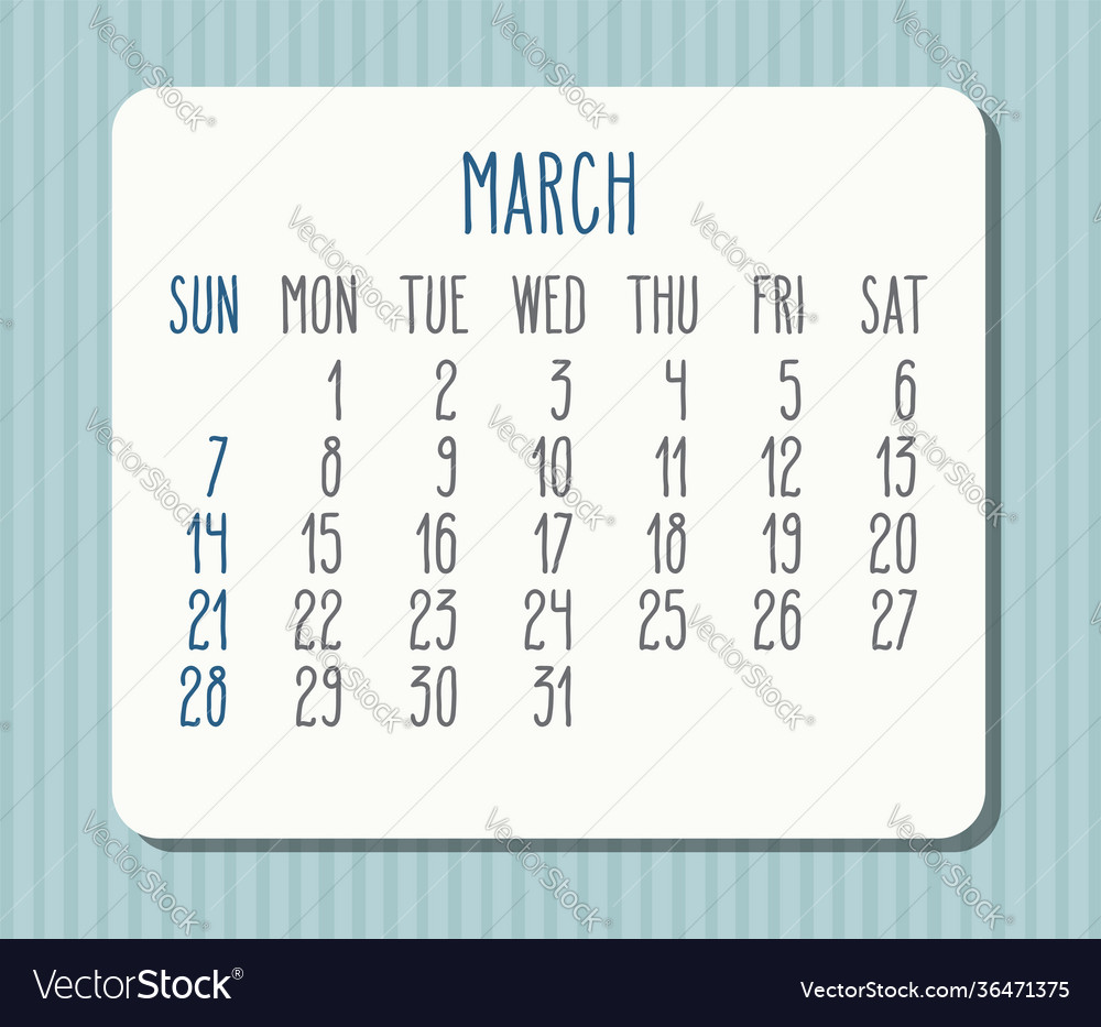 March year 2021 monthly pastel blue calendar Vector Image