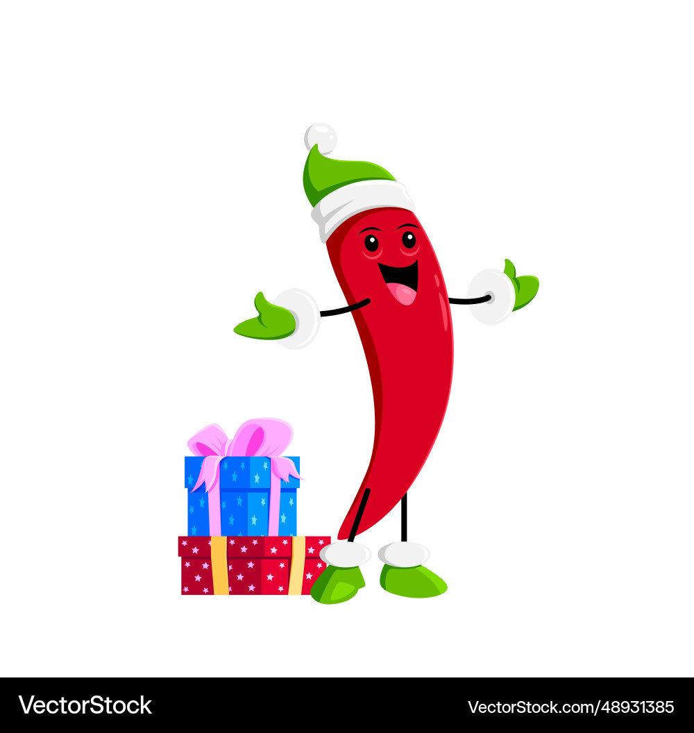 Cartoon chili pepper vegetable character with gift