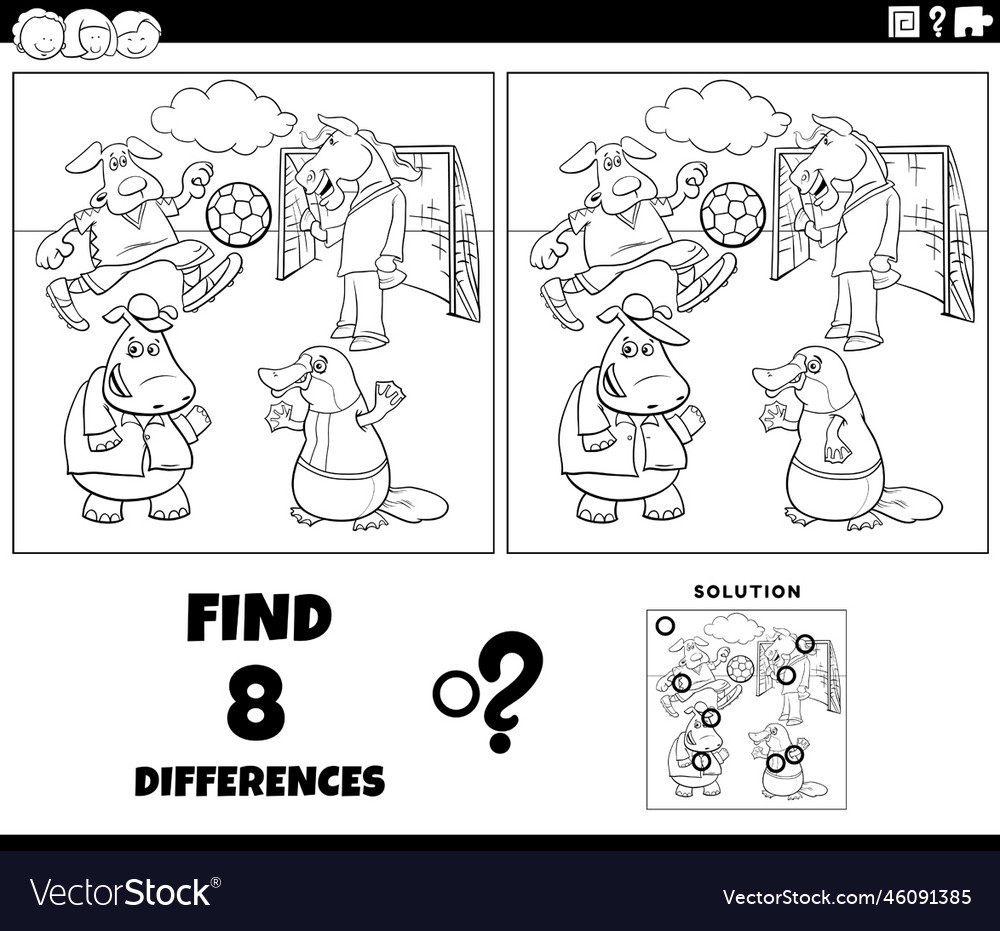 Differences task with animals playing soccer Vector Image