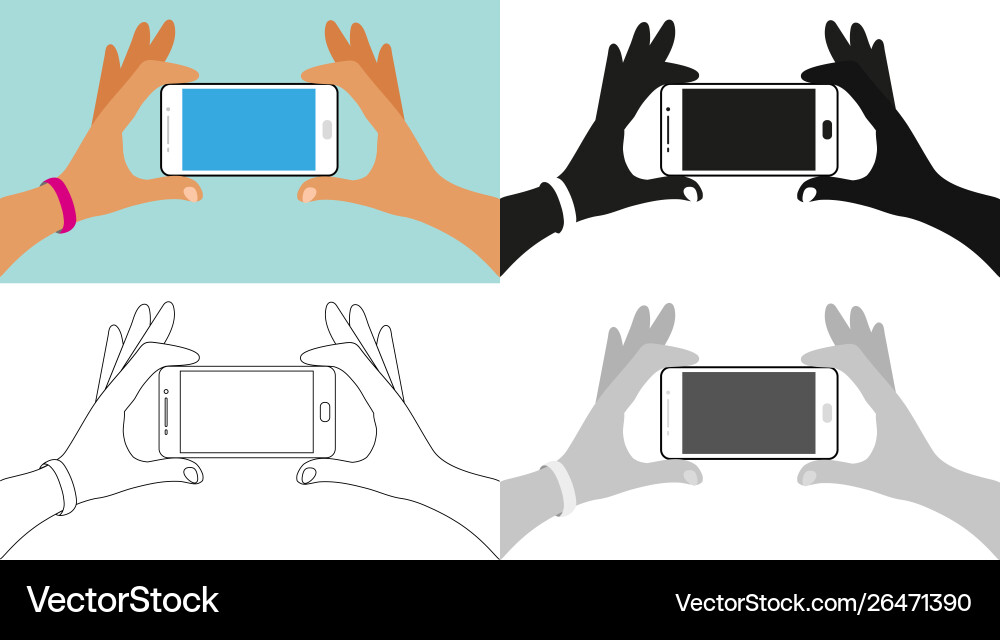 Hands holding phone icon set full color Royalty Free Vector