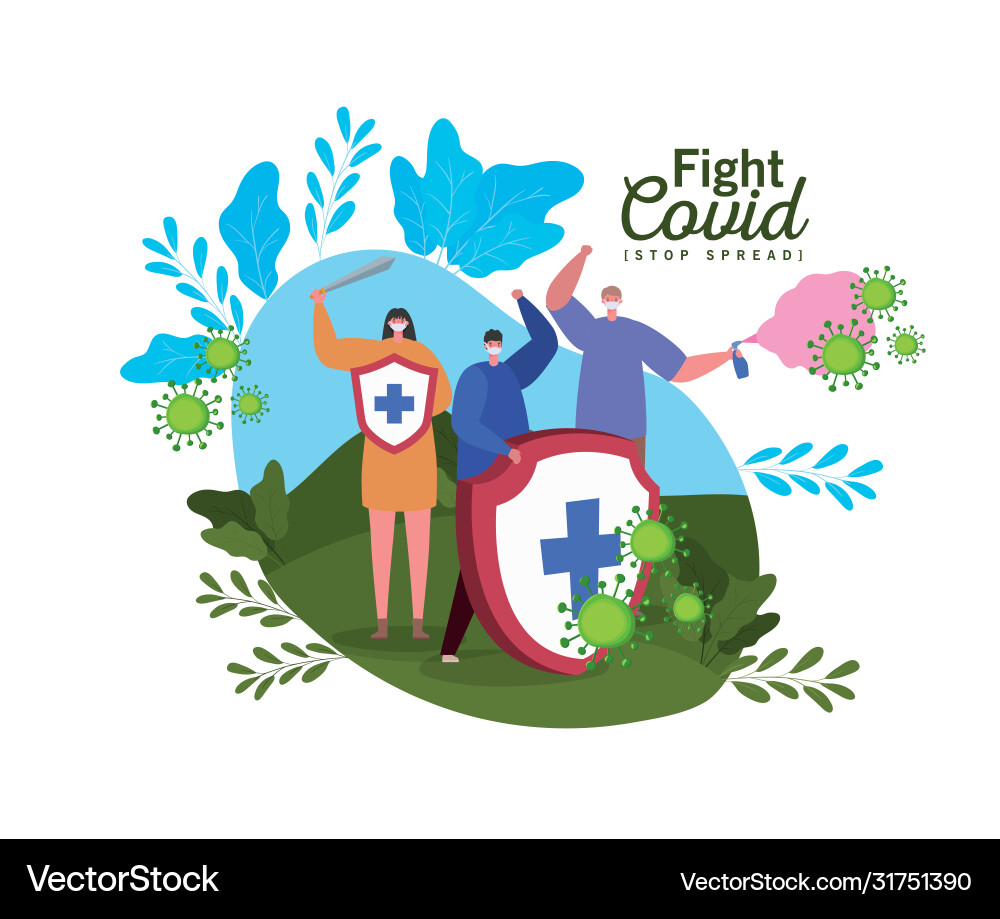 People with masks shield sword and spray fight Vector Image