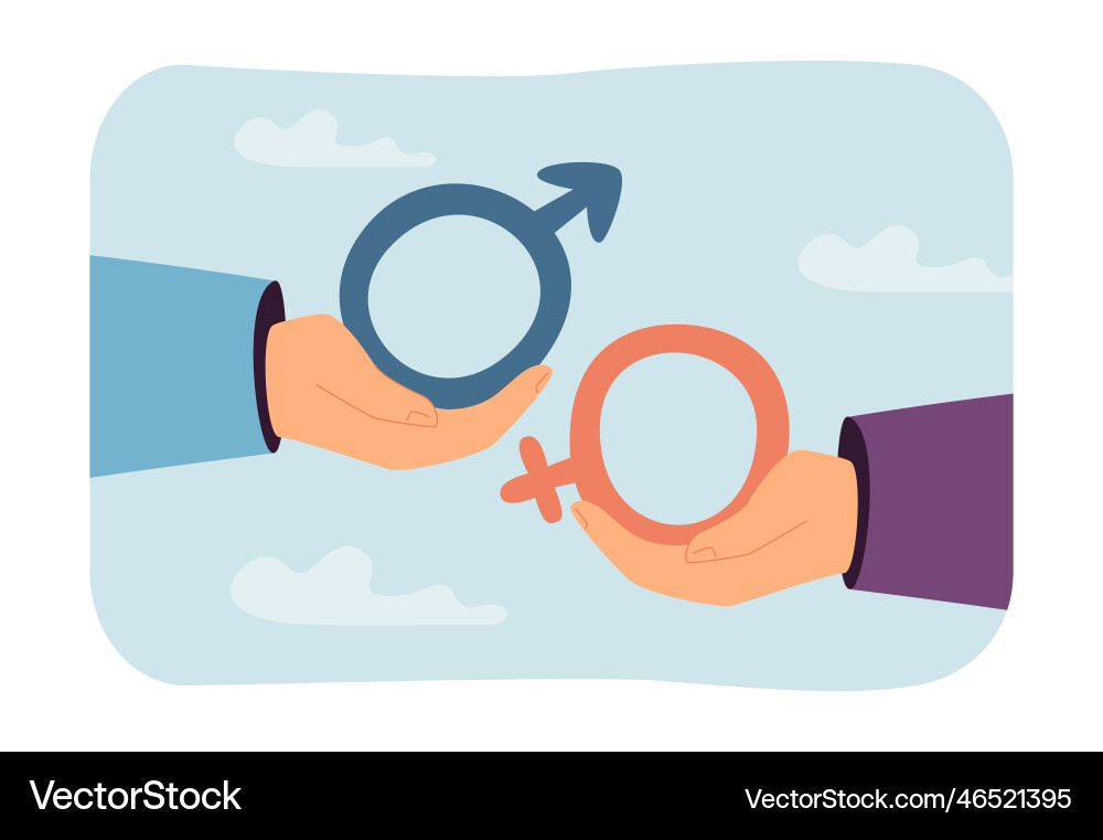 Hands holding gender symbols flat Royalty Free Vector Image