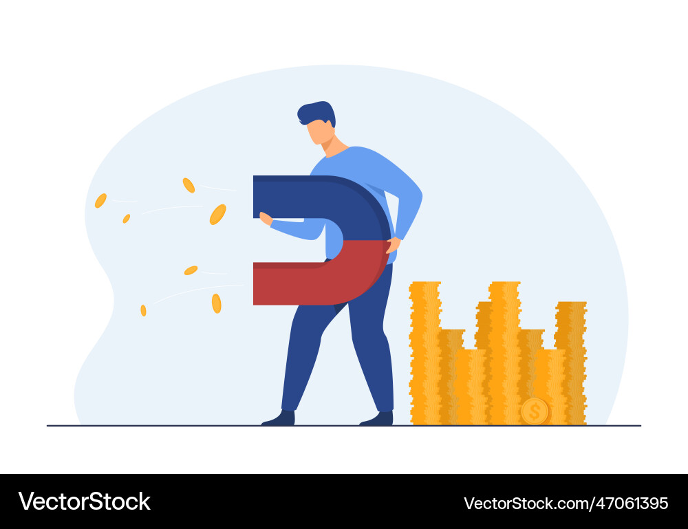 Man catching golden coins with magnet Royalty Free Vector