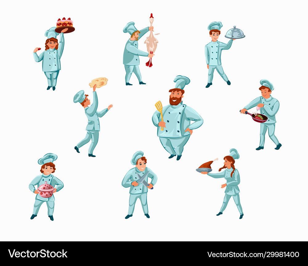 Set chef-cook characters showing meals Royalty Free Vector