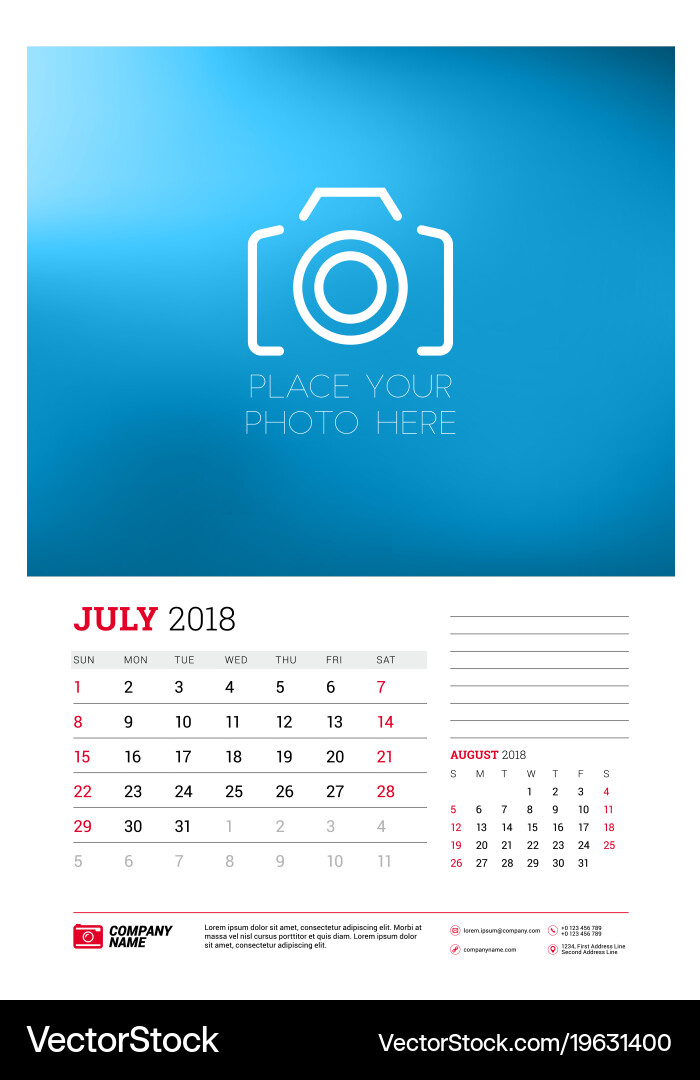 Wall calendar planner template for 2018 year july Vector Image