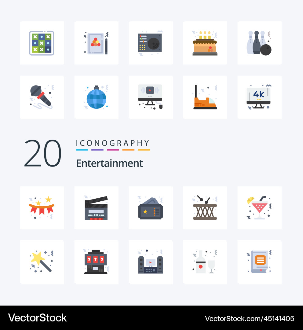 20 entertainment flat color icon pack like Vector Image