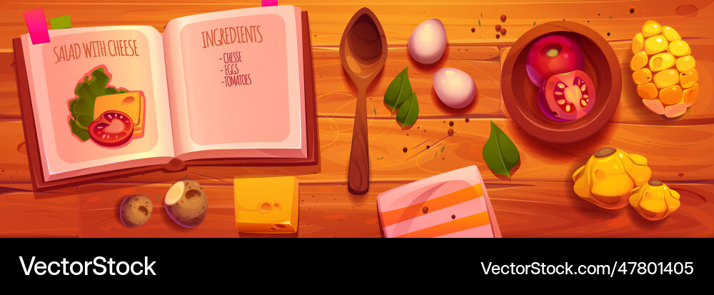 Kitchen wood table top view with recipe cookbook Vector Image