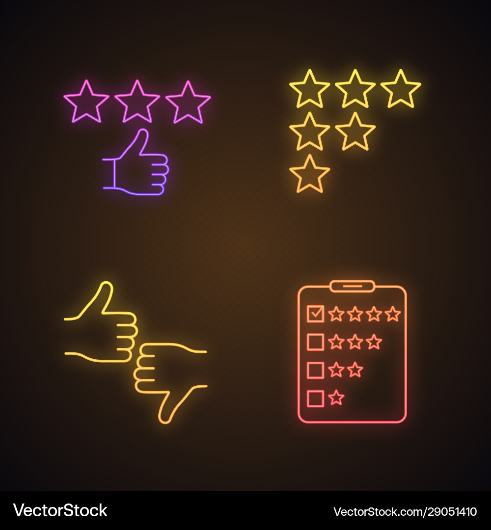 Rating neon light icons set Royalty Free Vector Image