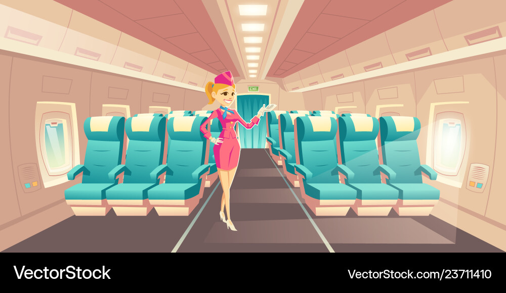 Stewardess in airplane cabin interior Royalty Free Vector