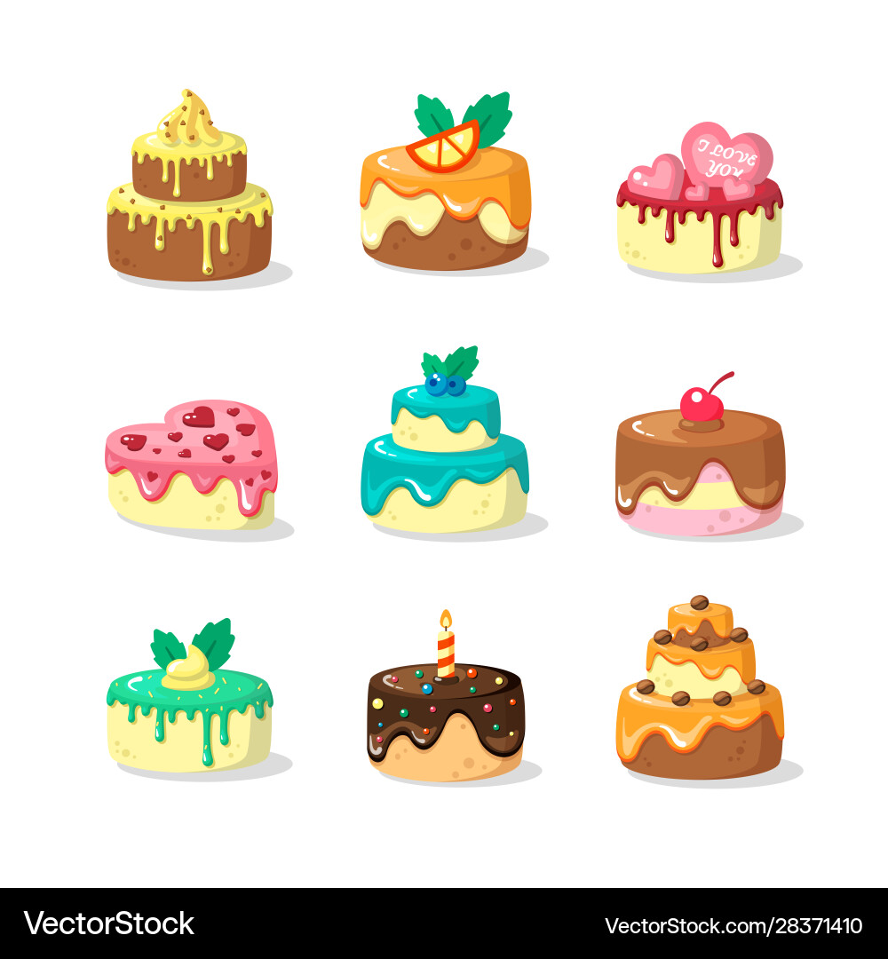 Whole cakes with frosting and fruit flat Vector Image