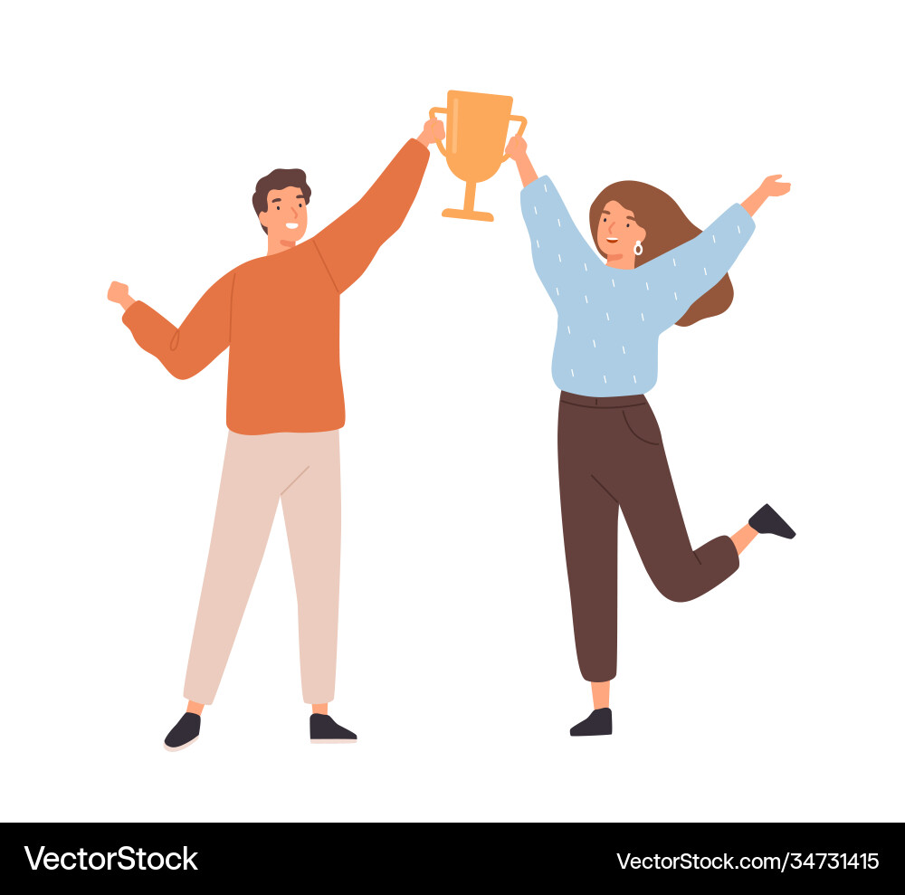 Couple man and woman winners holding golden Vector Image