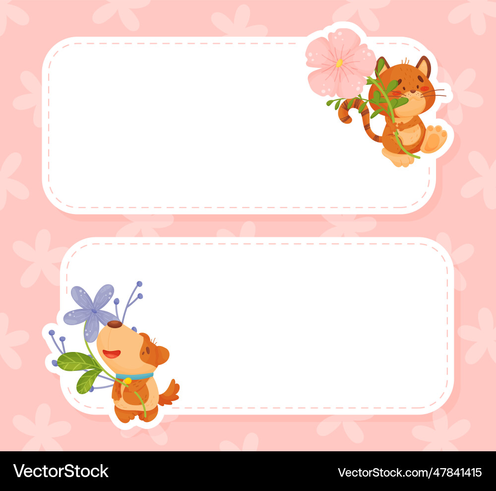 Cute animals with flower on stalk empty note card Vector Image