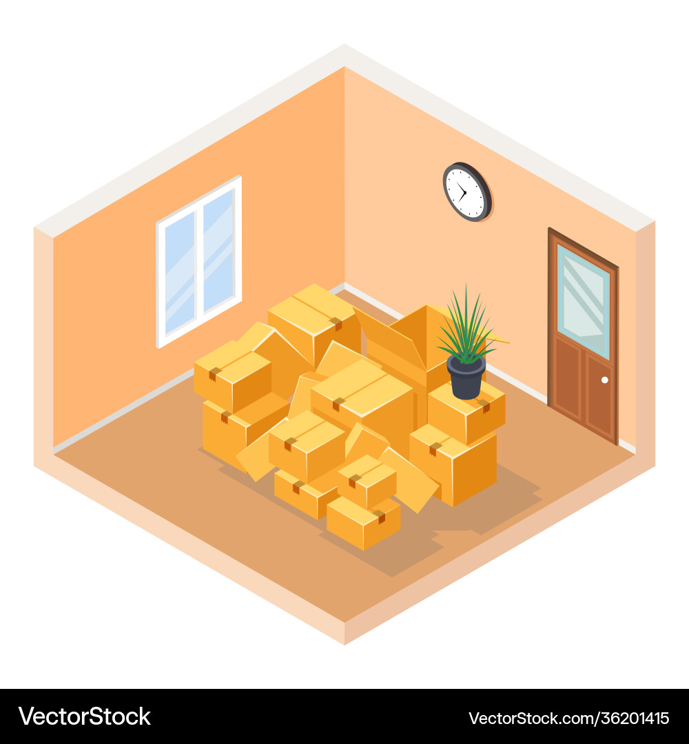 Moving isometric hall room cardboard box pile Vector Image