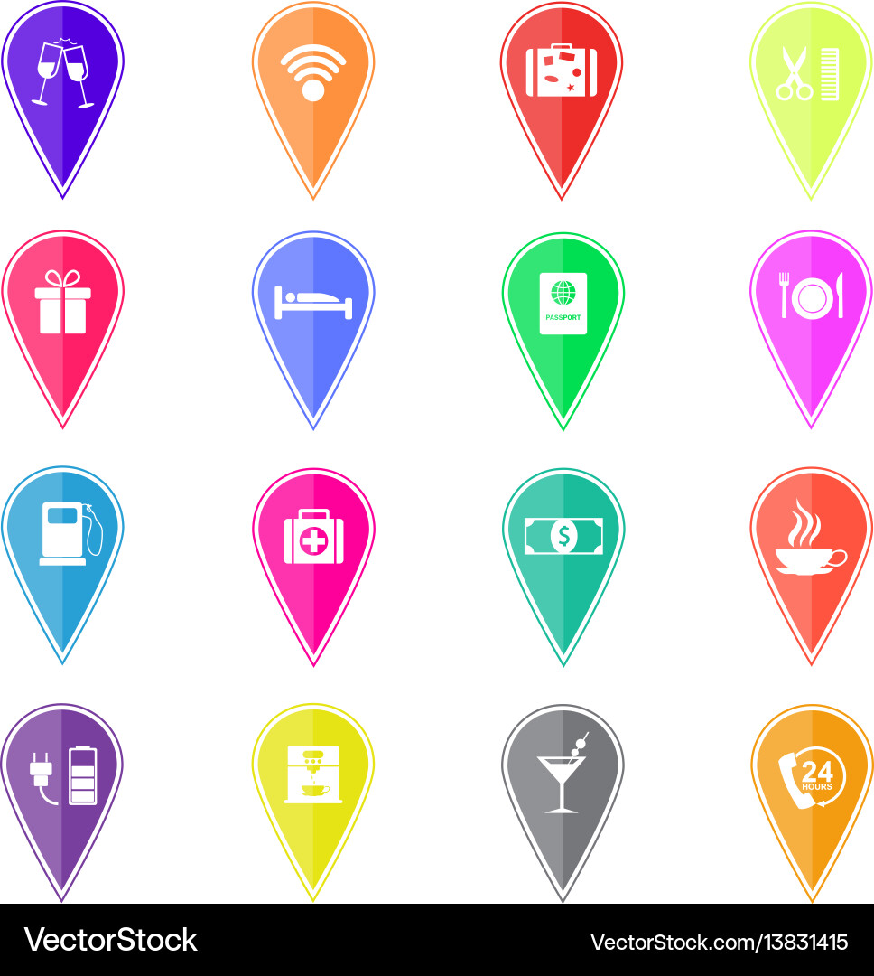 Set of colorful map pointers with hotel services Vector Image
