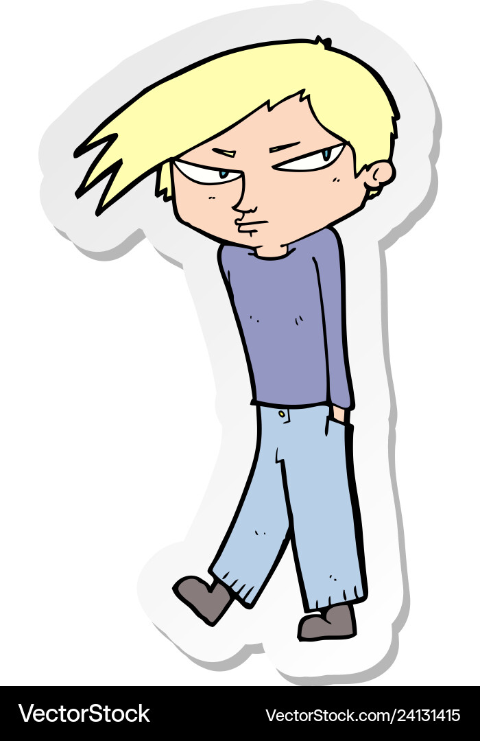 Sticker of a cartoon grumpy boy Royalty Free Vector Image