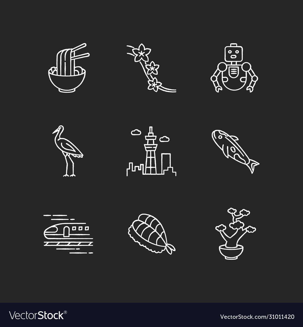 Japan chalk white icons set on black background Vector Image