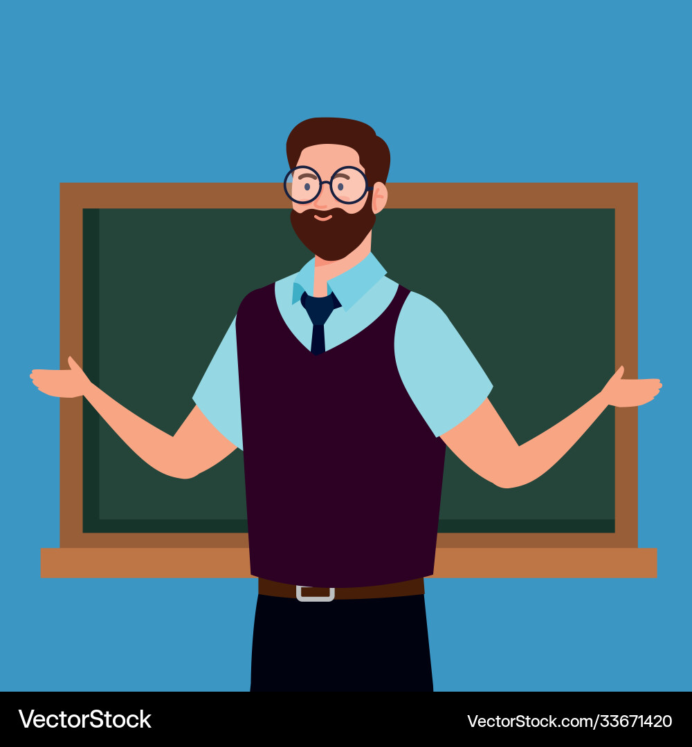 Man teacher with chalkboard on blue background Vector Image