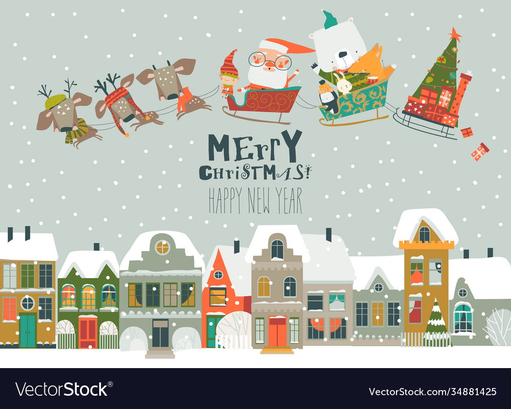 Cartoon sleigh with santa claus and animals fly Vector Image