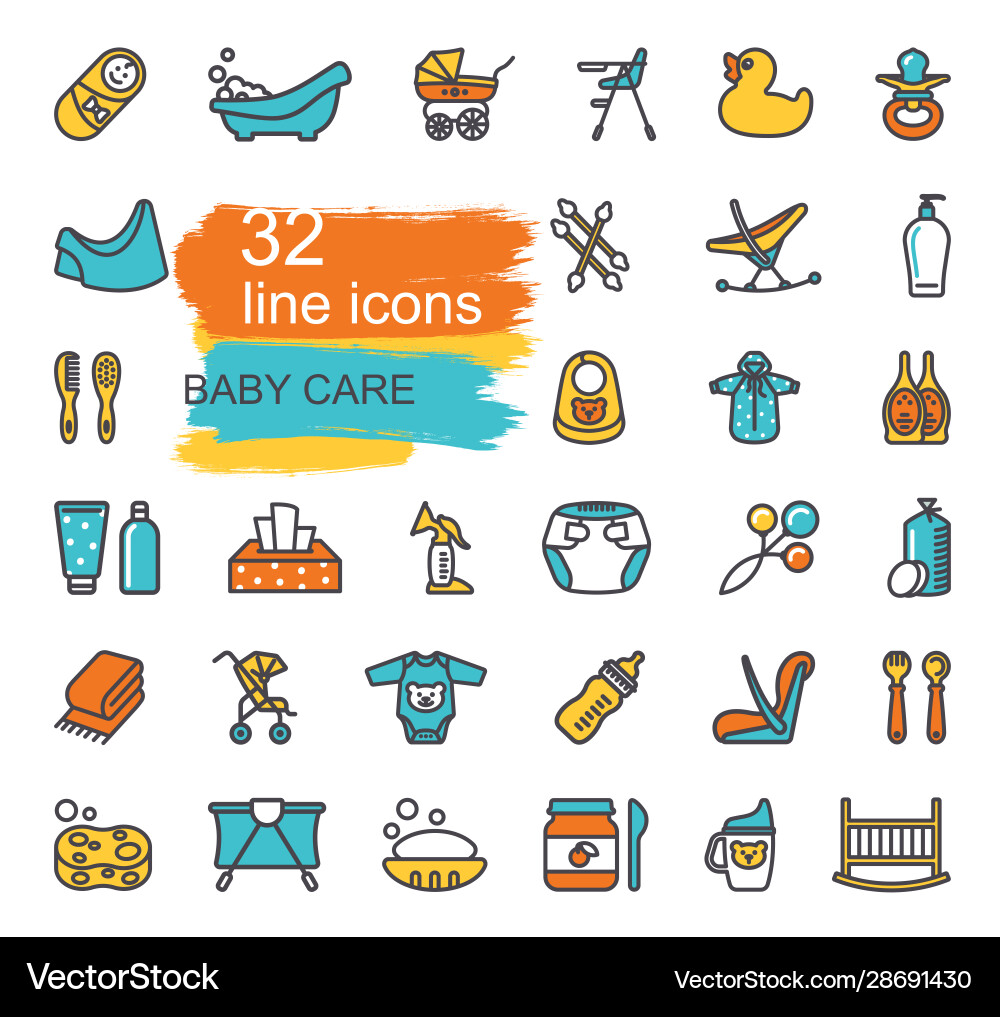 Linear icons on theme child care feeding Vector Image