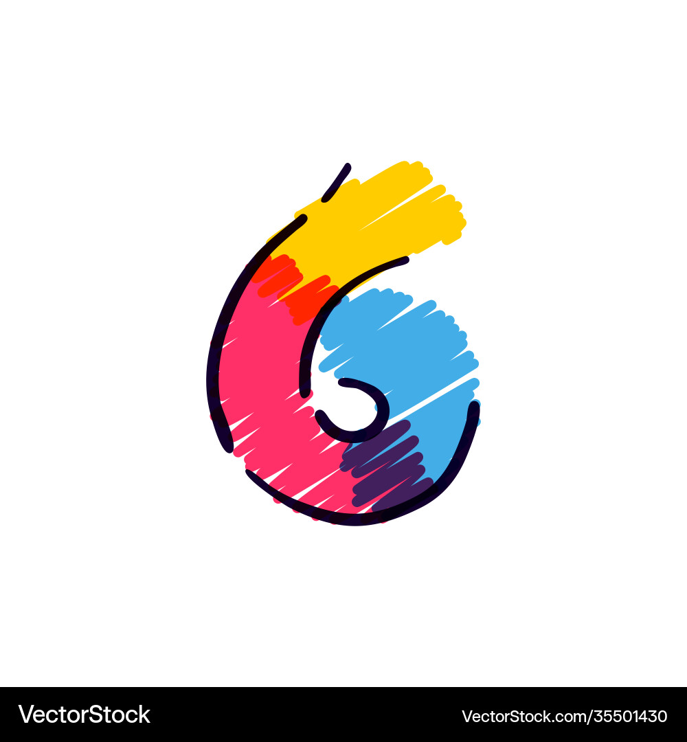 Number six logo hand drawn with a colored pencils Vector Image