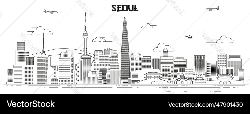 Seoul skyline line art Royalty Free Vector Image