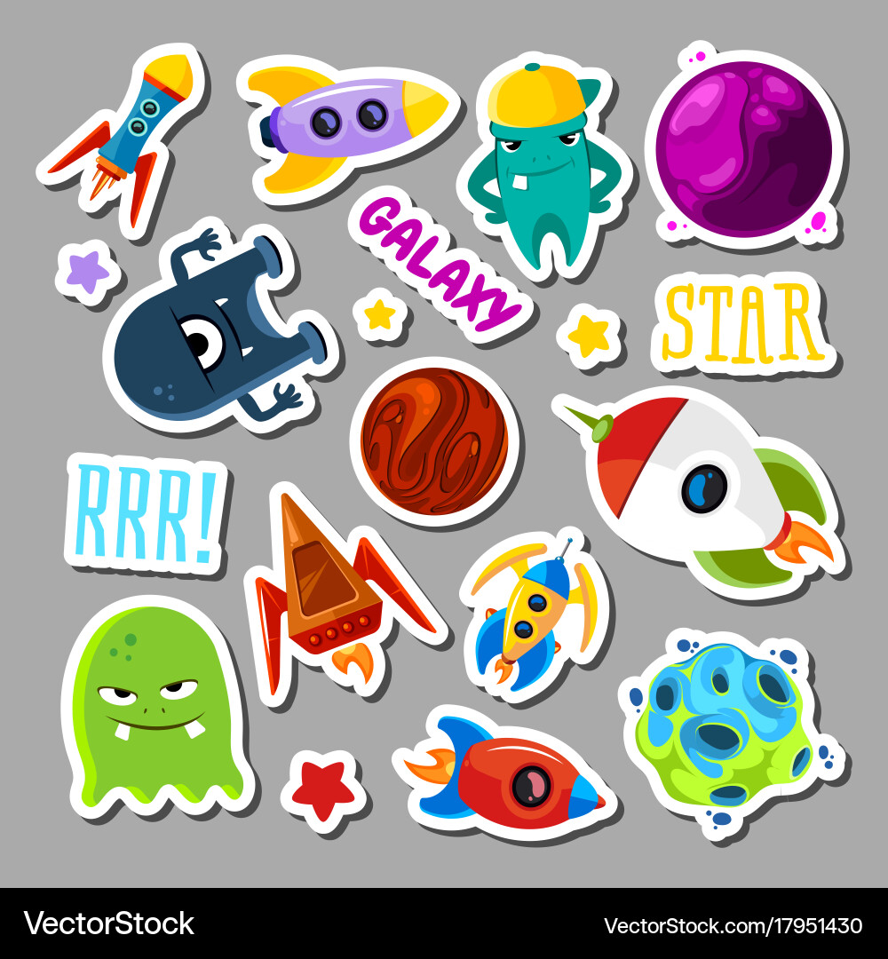 Set of stickers with space objects and monsters Vector Image