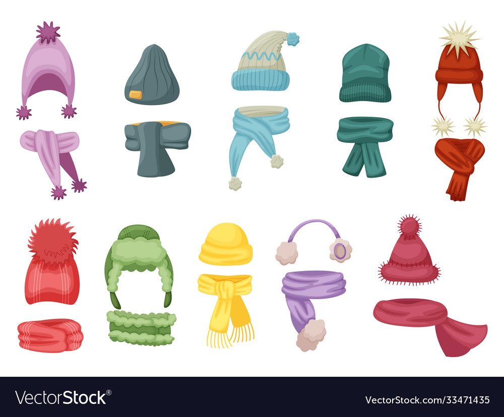 Autumn and winter hat with warm scarf isolated set