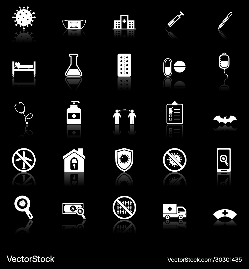 Coronavirus icons with reflect on black background