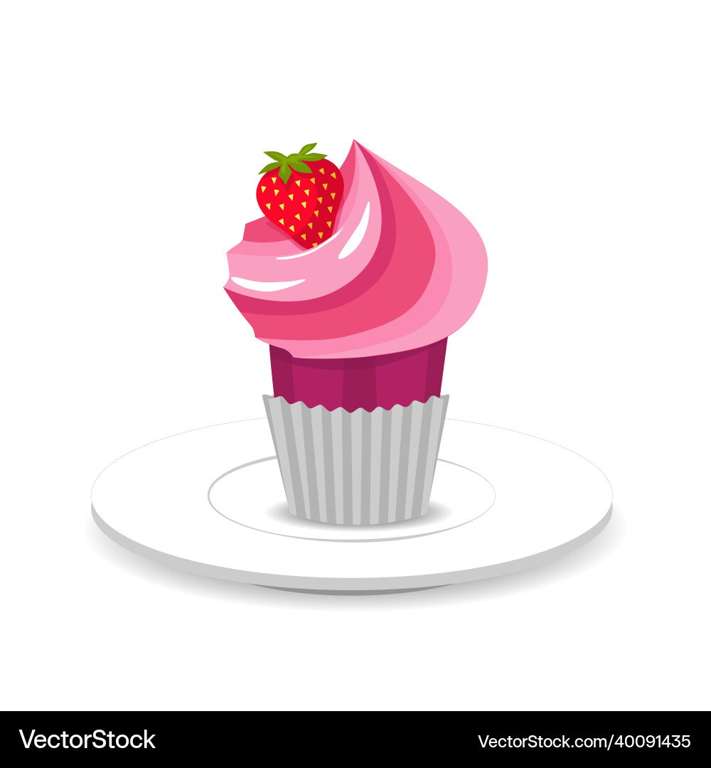 Cupcake with strawberry cream on a white plate Vector Image