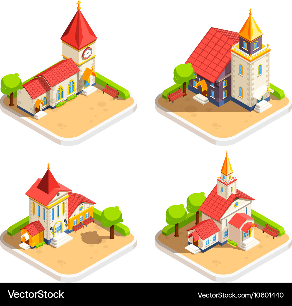 Church 4 isometric icons set Royalty Free Vector Image