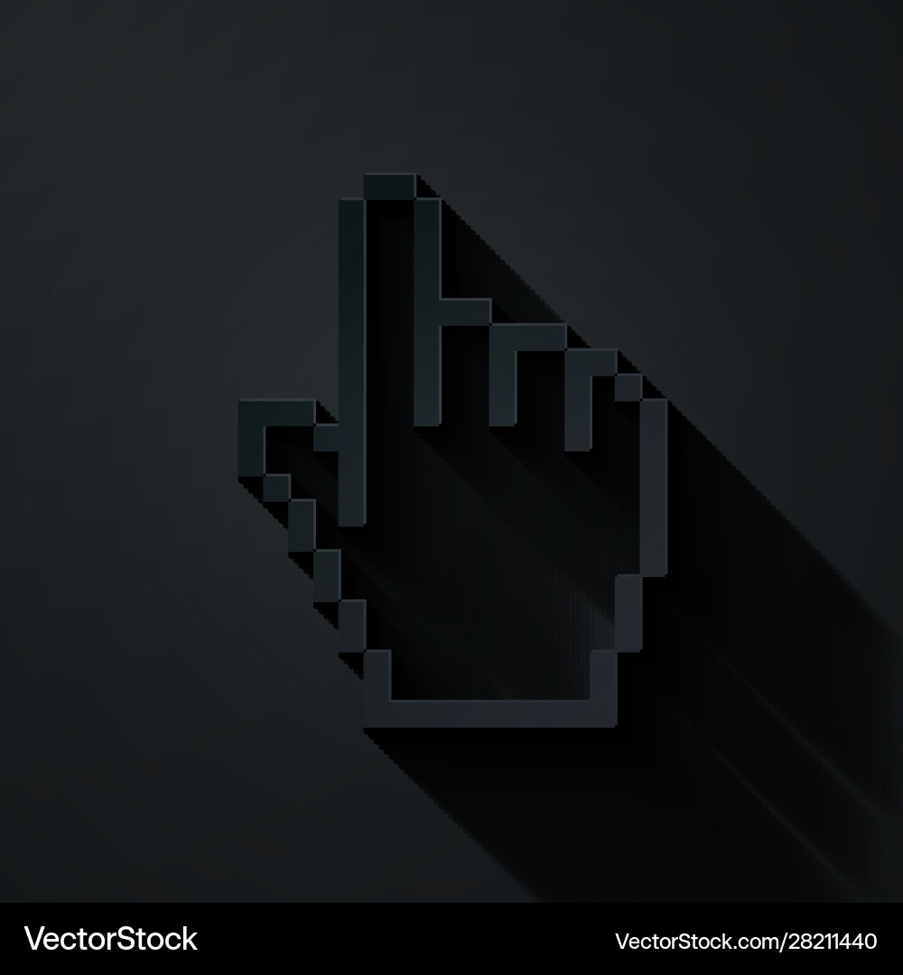 Paper cut pixel hand cursor icon isolated on black