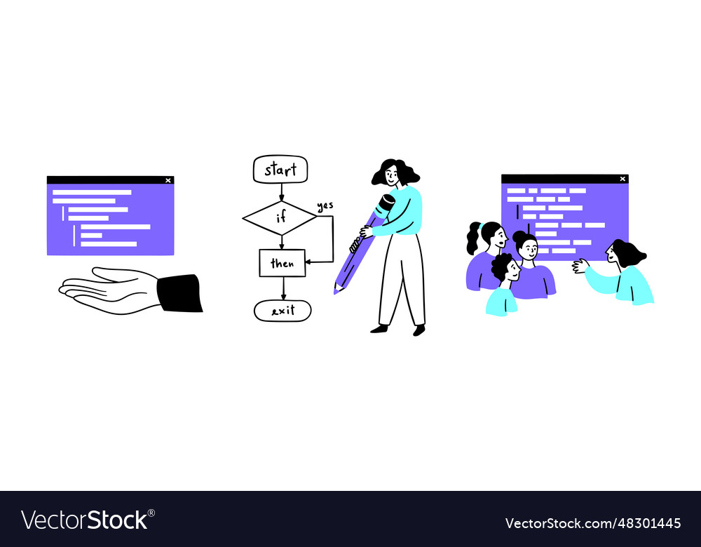 Cartoon color web development concept scenes set Vector Image