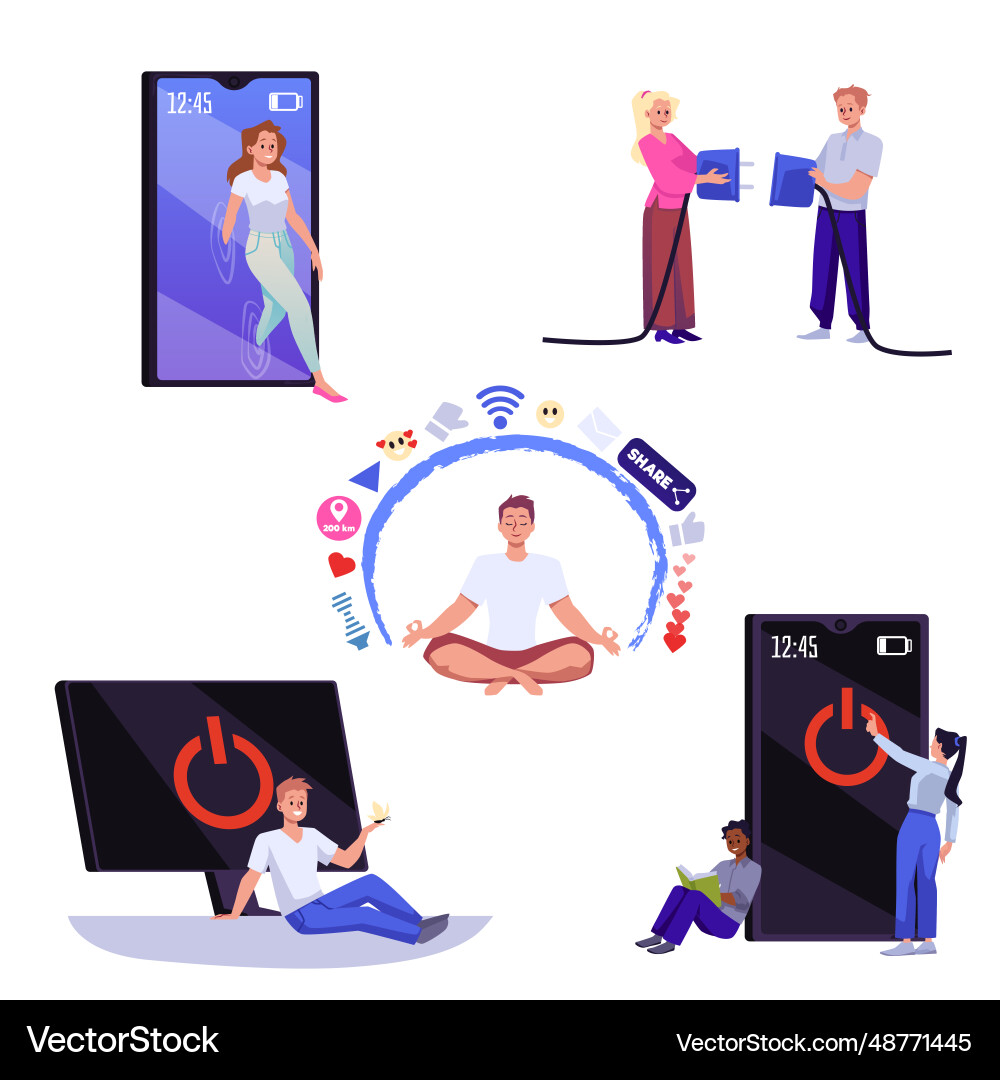 Digital detox abstract scenes set with people Vector Image