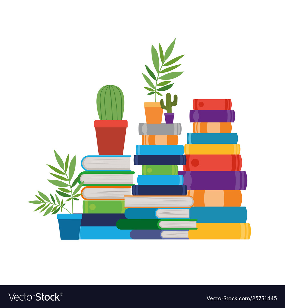 Stack books with houseplant on white background Vector Image