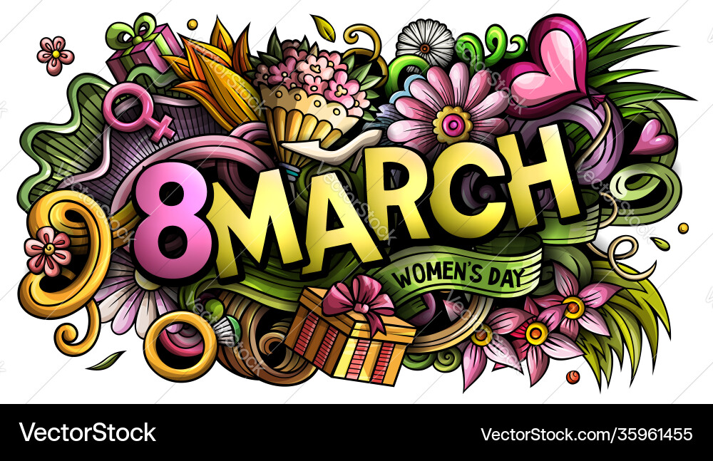 8 march hand drawn cartoon doodles Royalty Free Vector Image