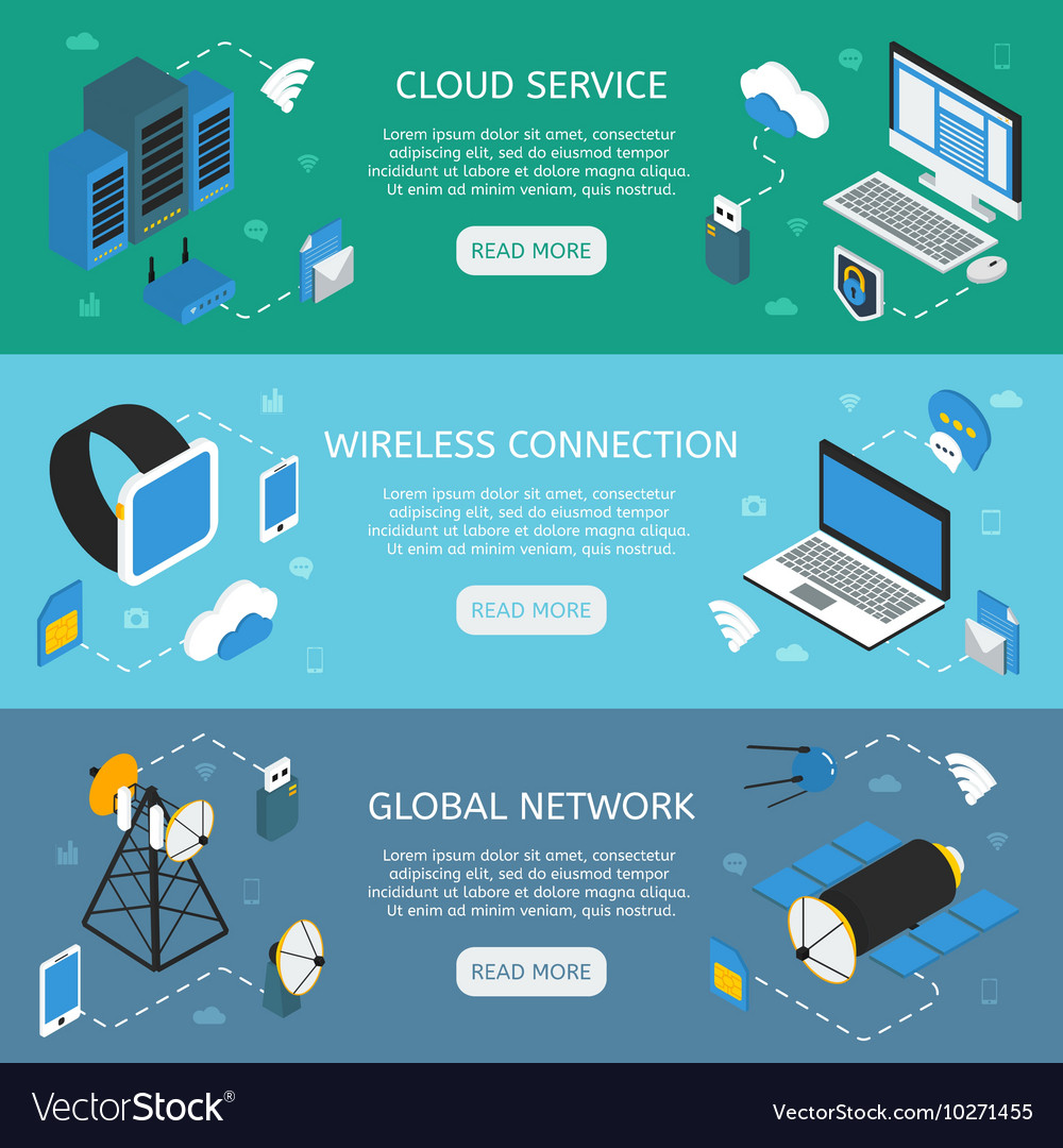 Wireless technology horizontal isometric banners Vector Image Wireless technology horizontal isometric banners Vector Image