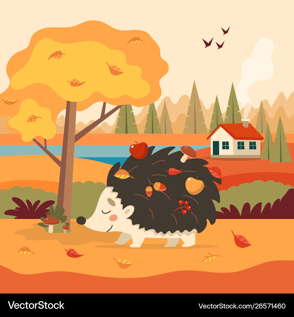 Cute hedgehog with autumn background with tree Vector Image