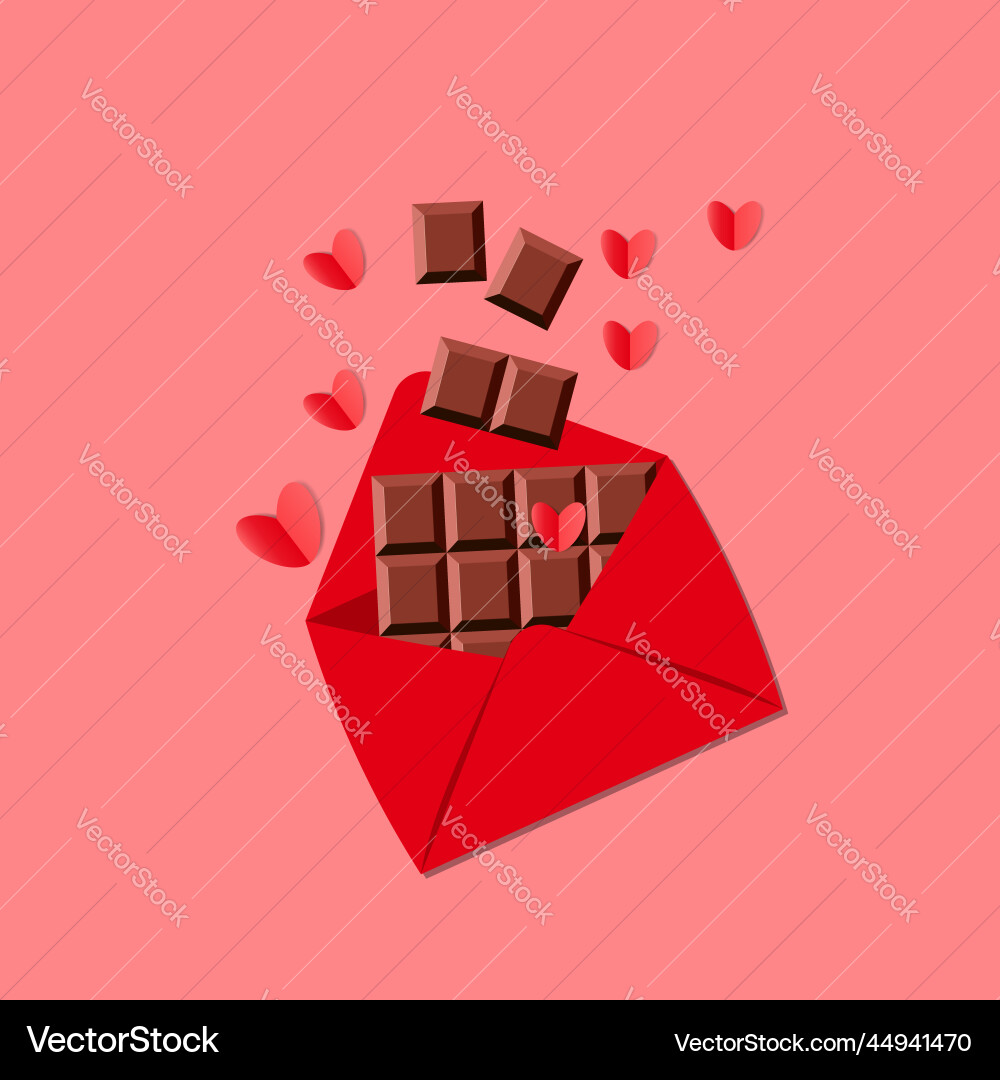 Red envelope with hearts and chocolate pieces Vector Image