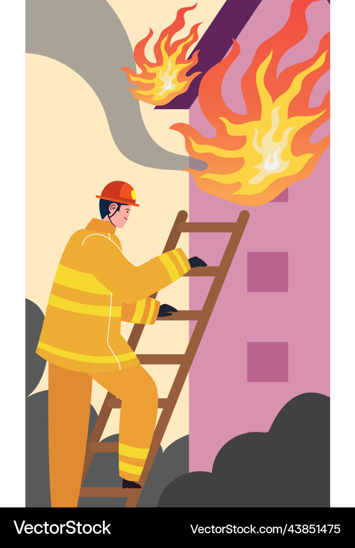 Firefighter climbing building onfire Royalty Free Vector