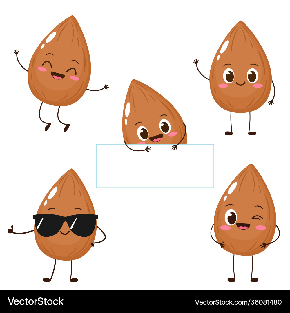 Cute happy brown almond character set Royalty Free Vector