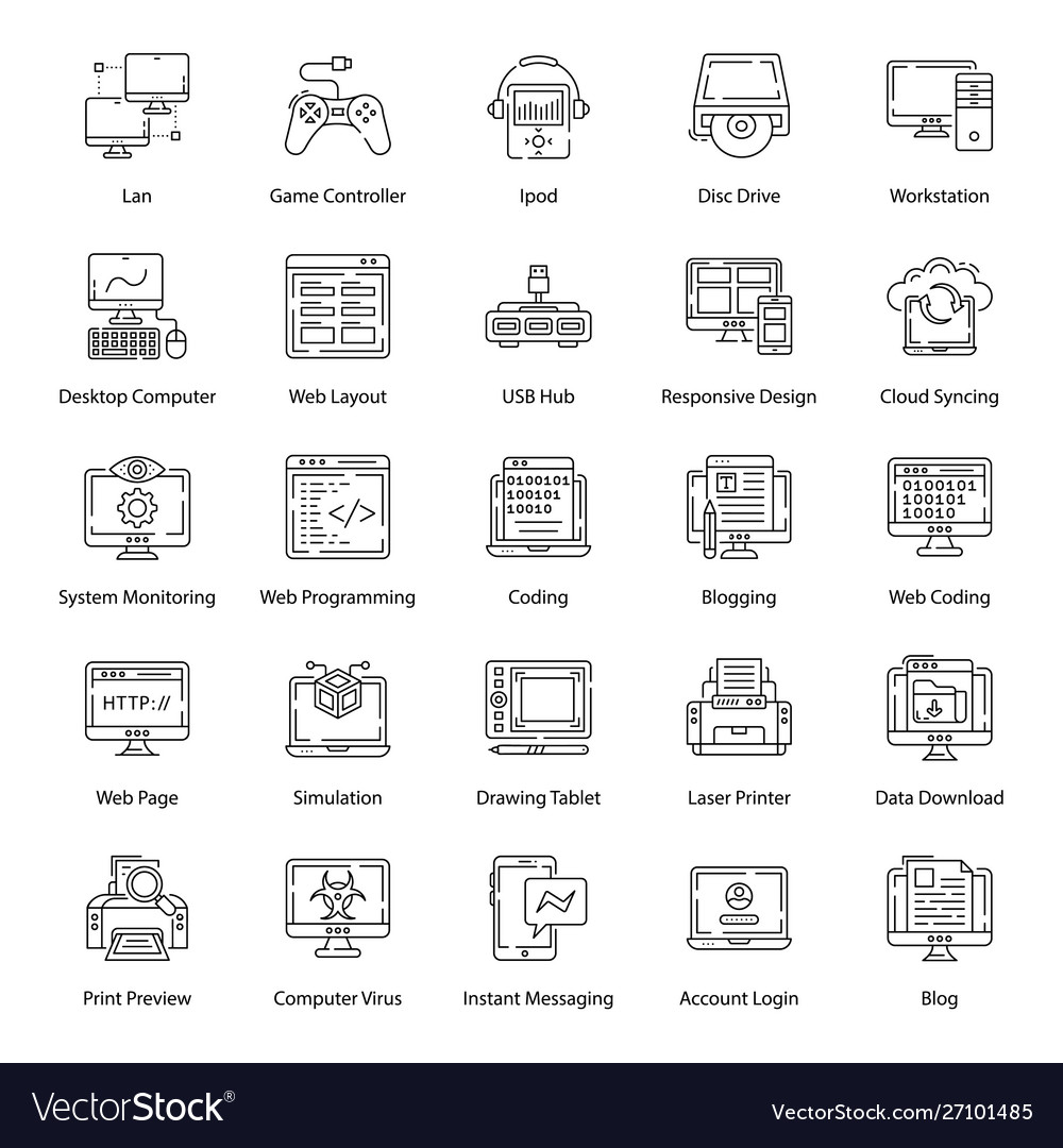 Computer components line pack Royalty Free Vector Image
