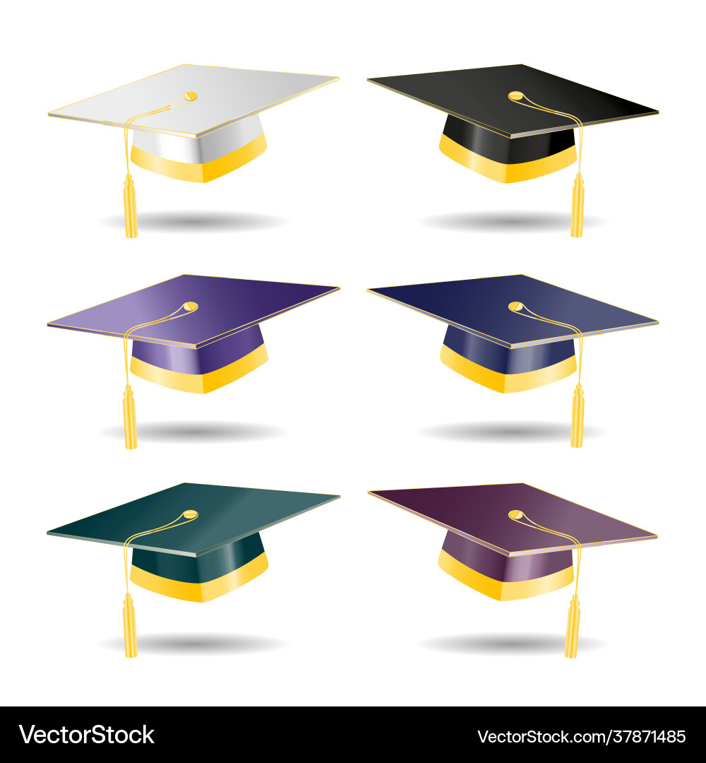 Graduation student hats collection with golden Vector Image