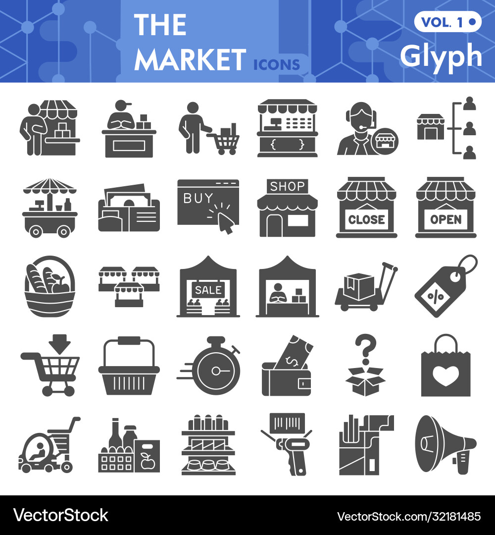 Market solid icon set store and shop symbols Vector Image