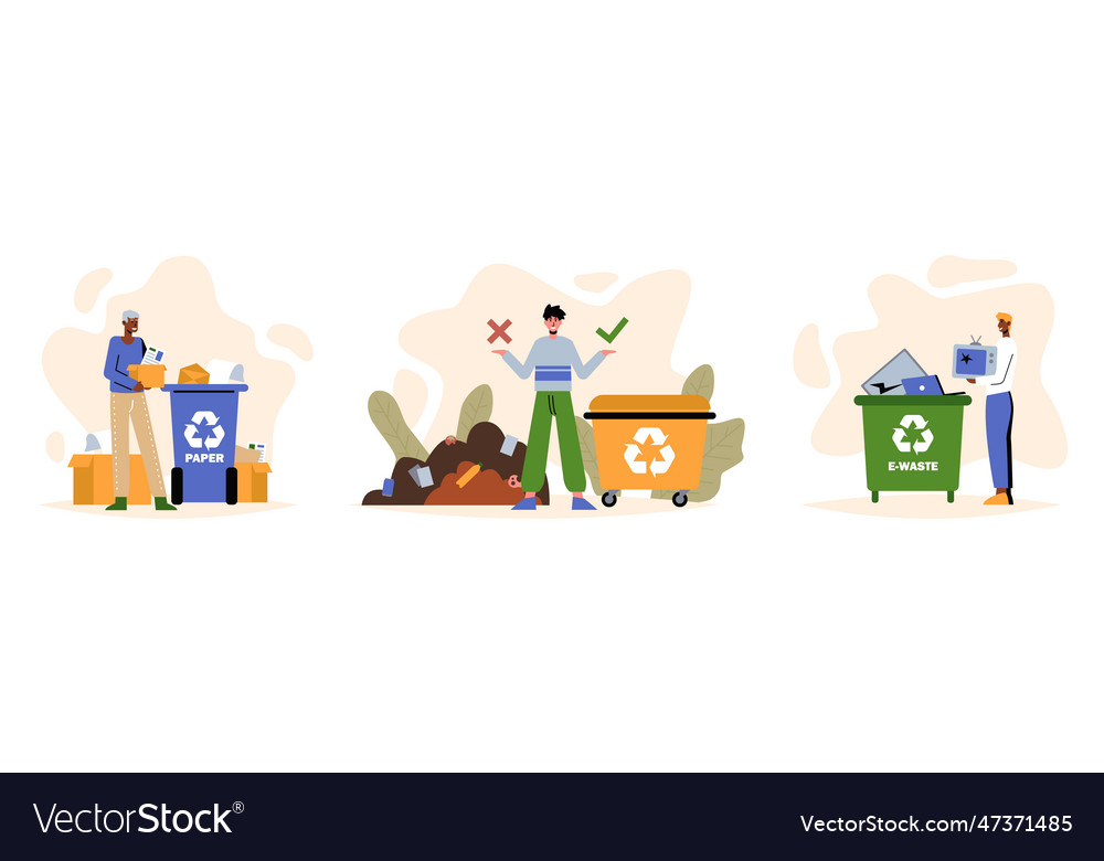 Set of people sorting garbage men collect paper Vector Image