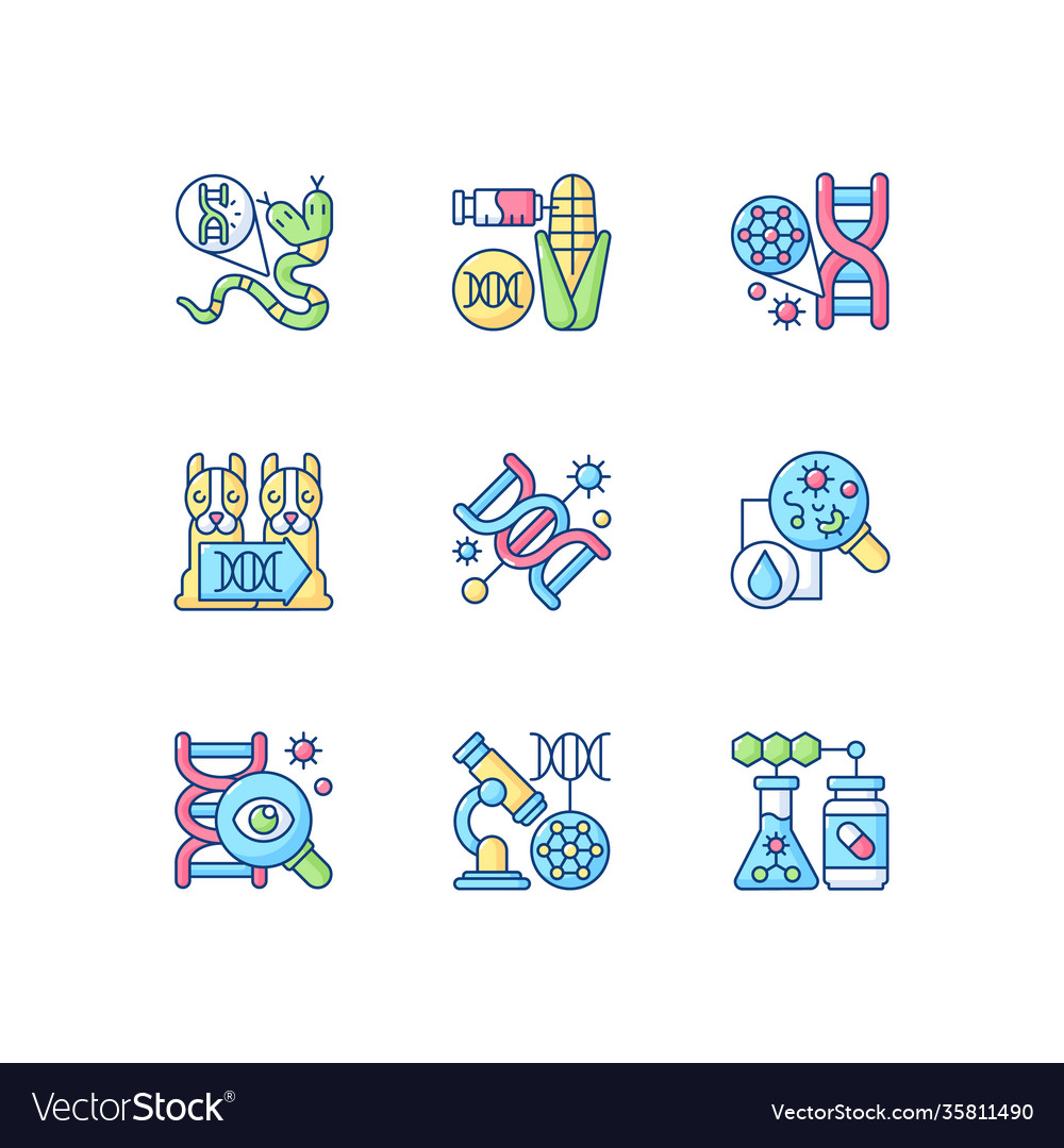 Dna structure experiment rgb color icons set Vector Image Dna structure experiment rgb color icons set Vector Image
