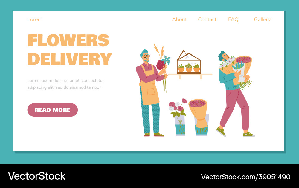 Flowers delivery website with courier taking out Vector Image
