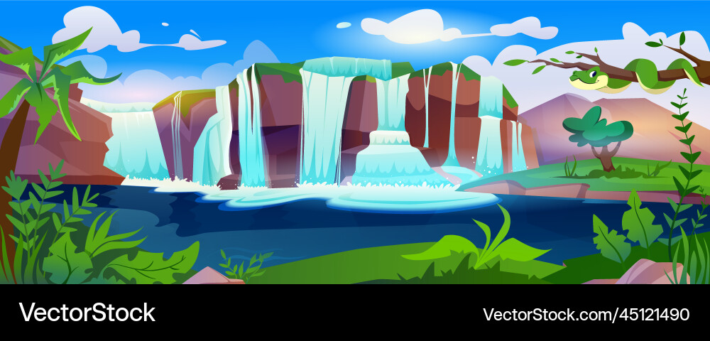 Jungle forest cartoon landscape with waterfall Vector Image