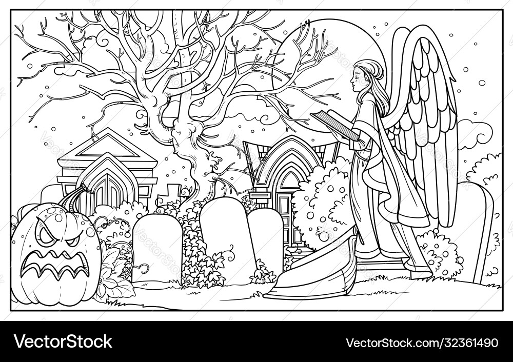 Line drawing for coloring cemetery with tombs Vector Image